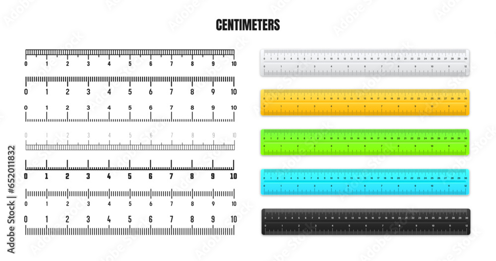 Realistic metal rulers with black centimeter scale for measuring length ...