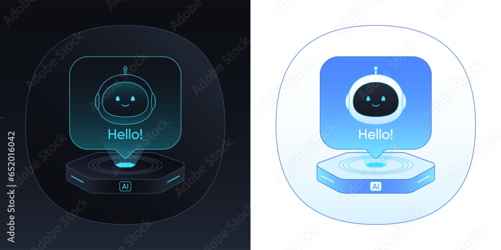 Chatbot conversation. AI robot with cute face, talk with virtual assistant. Chat bot and AI ...