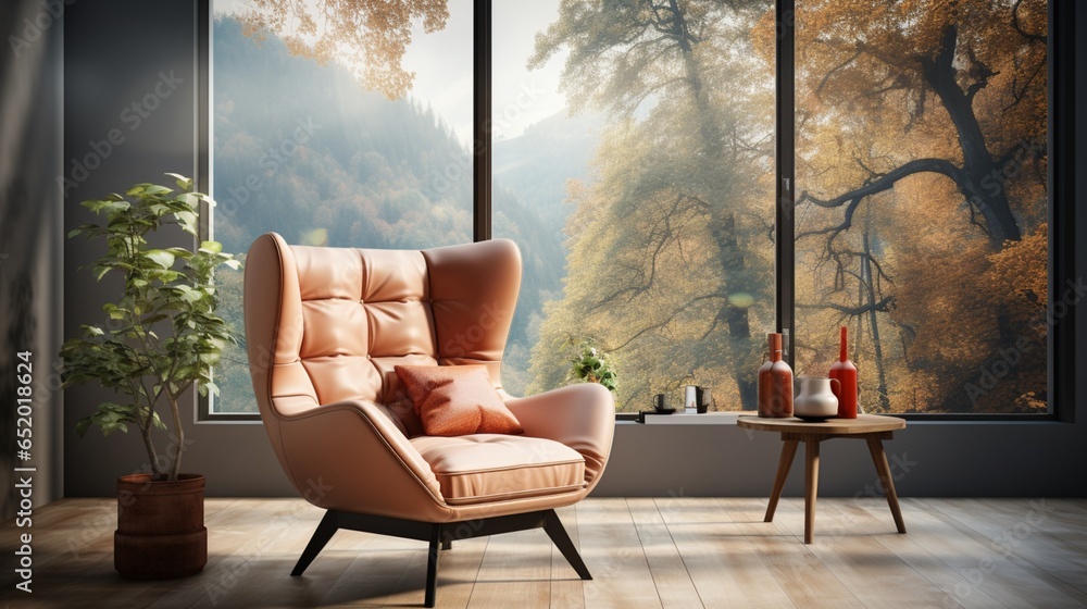Lounge wingback chair positioned by a window in a minimalist interior ...