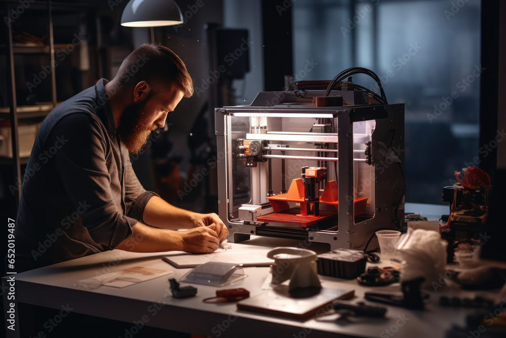 A technician using a 3D printer to create a prototype of a new product ...