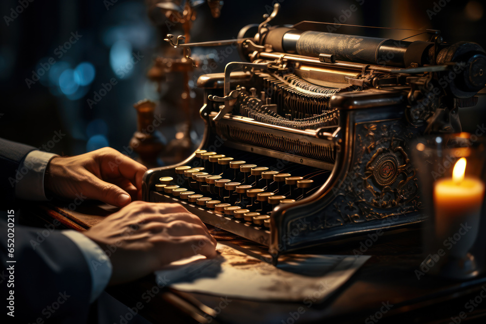 An antique typewriter with keys clicking as a writer composes a ...