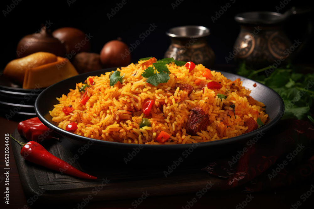 A plate of jollof rice, a West African one-pot rice dish cooked with ...