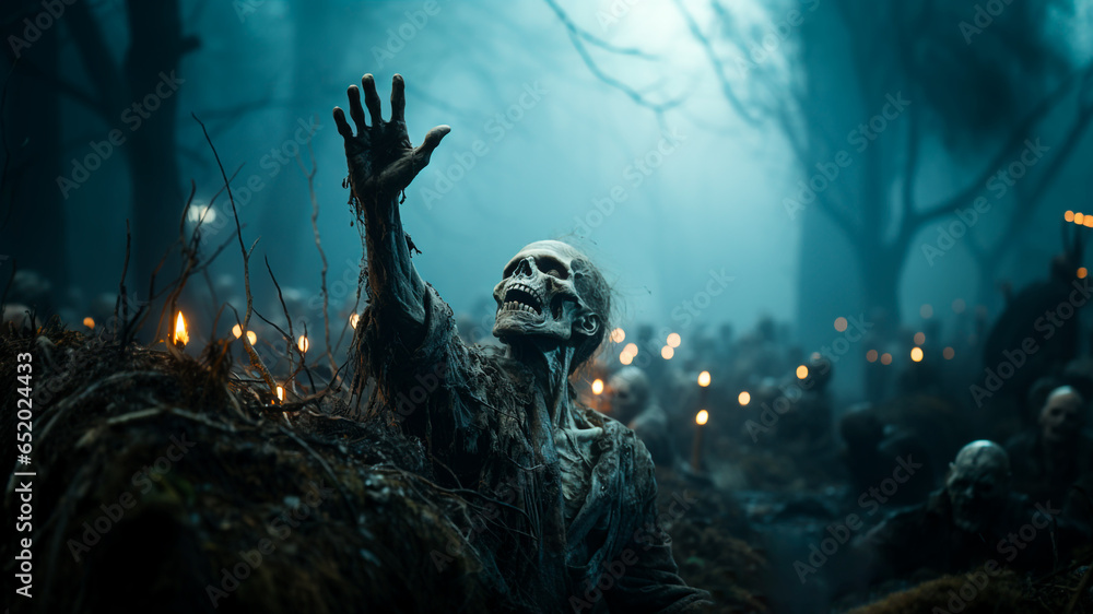 Corpse climbing out of grave in graveyard illuminated by the moon ...