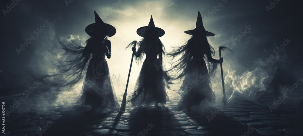 Silhouette of three witches surrounded by smoke and backlit with bright ...