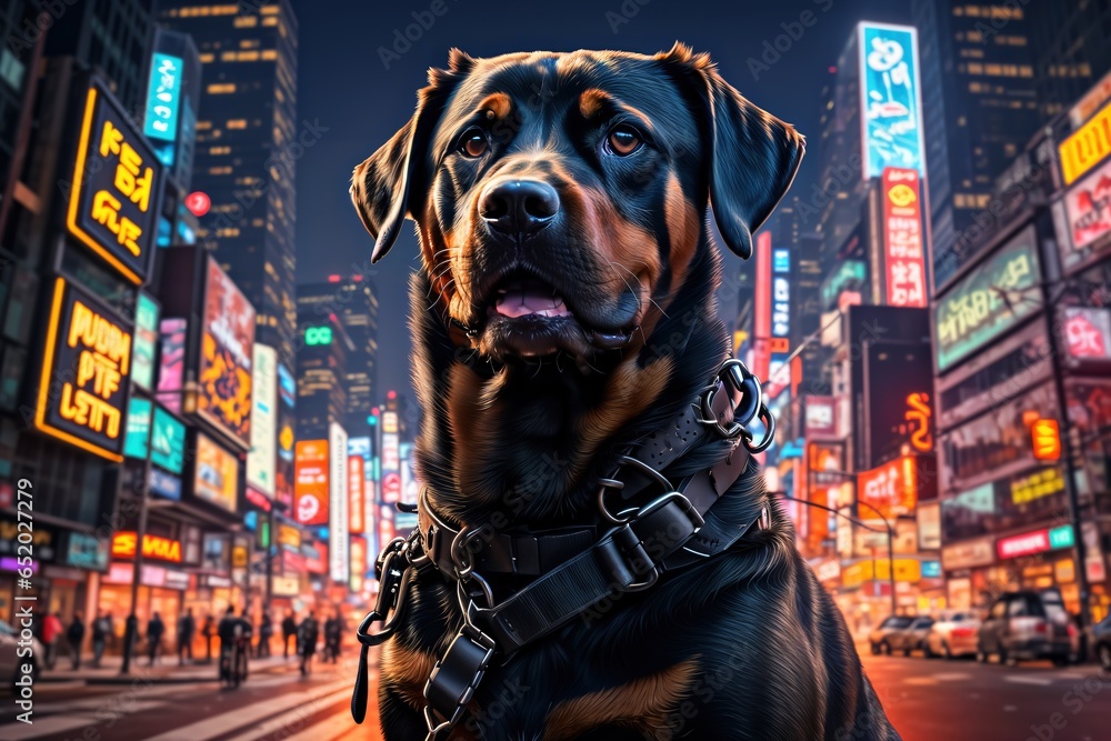A majestic Rottweiler dog stands still amidst the vibrant neon lights ...
