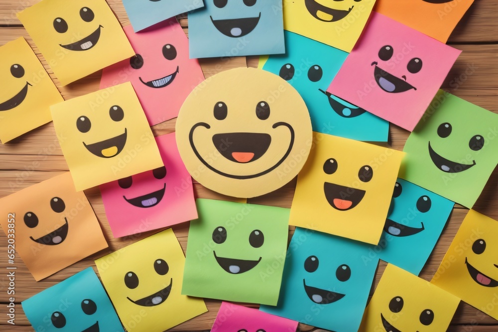 smiley face expression drawing on yellow colorful sticky notes adhesive ...