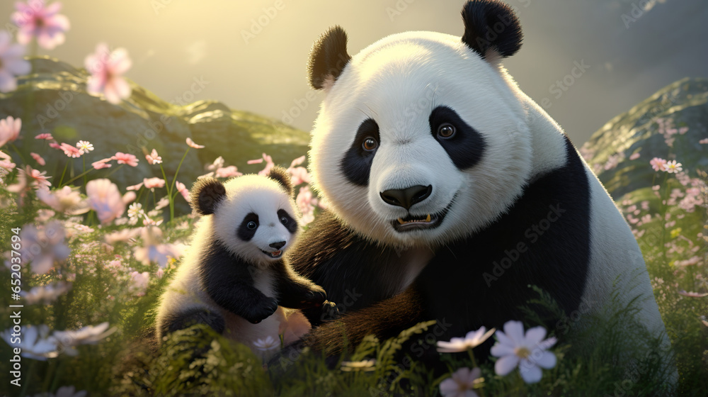 A lovely scene of a panda and its adorable cub joyfully together in a ...