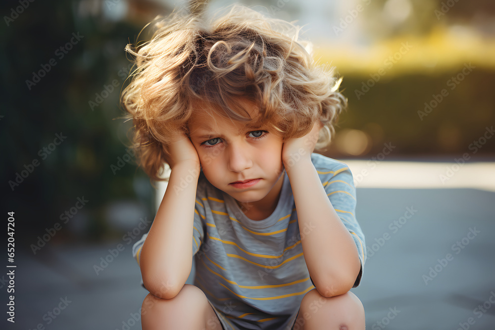 sad child in a depressed mood is sitting with his head propped up in ...