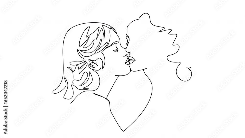 Continuous line two girls kiss line art animation. One line art. Stock ...