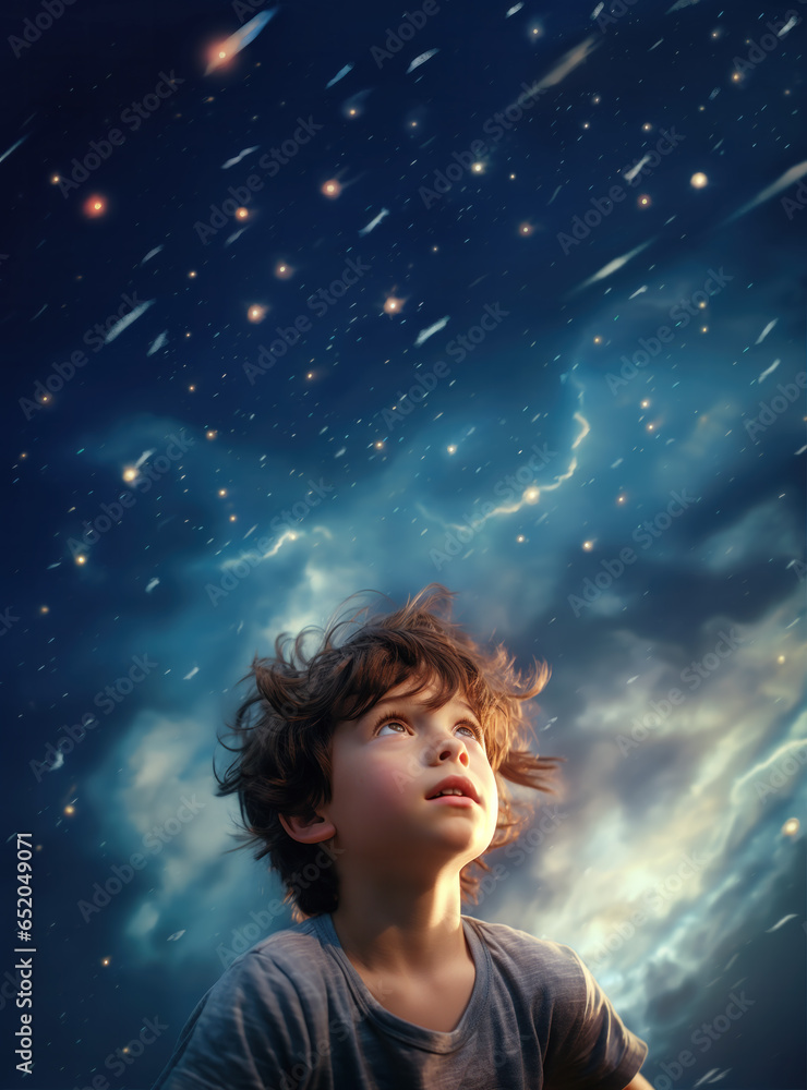 7-year-old boy looking in wonder at the star filled night sky with ...