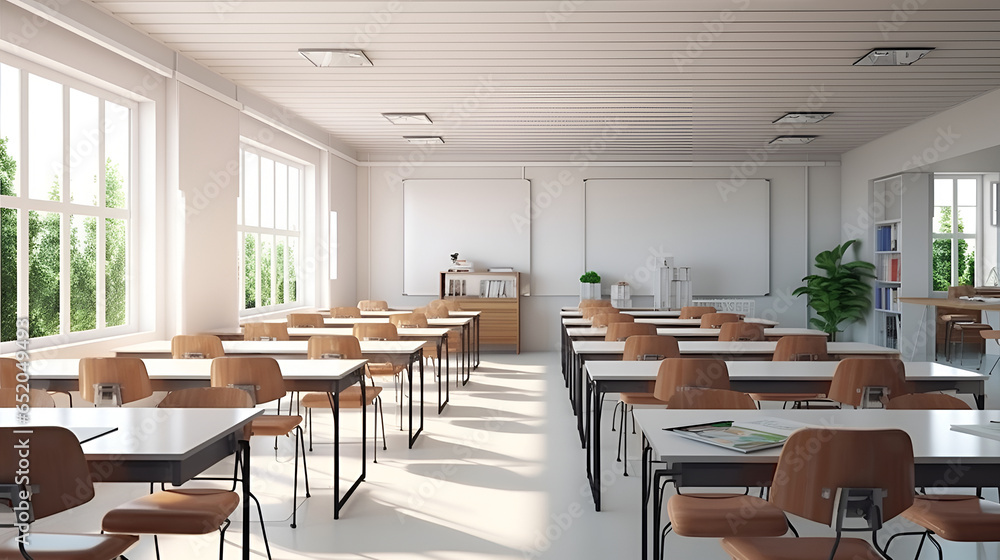 Modern empty classroom with tables and chairs. Empty classroom for ...