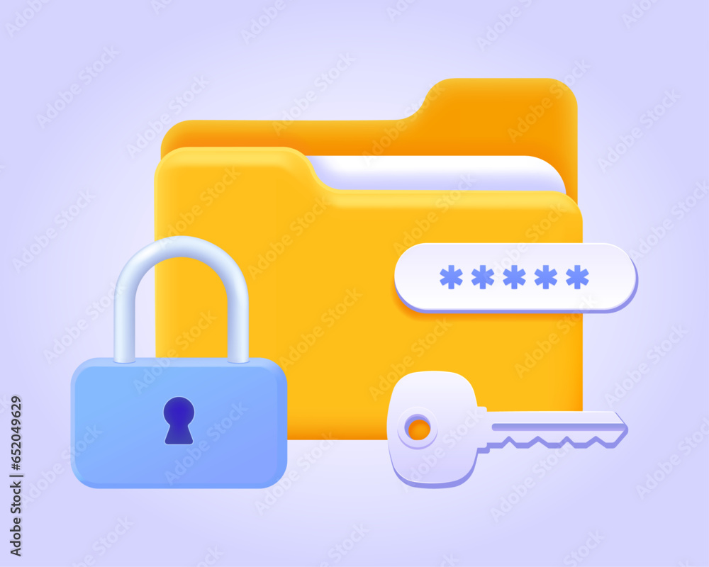 Folder with files protected by password, personal data security. 3d ...