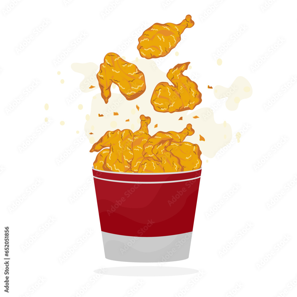 Cartoon set of crispy fried chicken splashing out of the bucket side ...