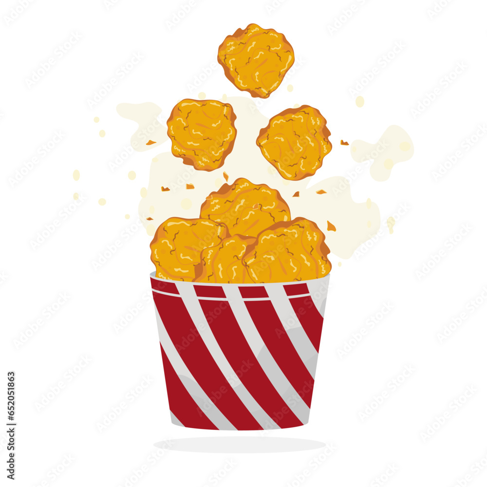 Cartoon set of crispy fried chicken splashing out of the bucket side ...