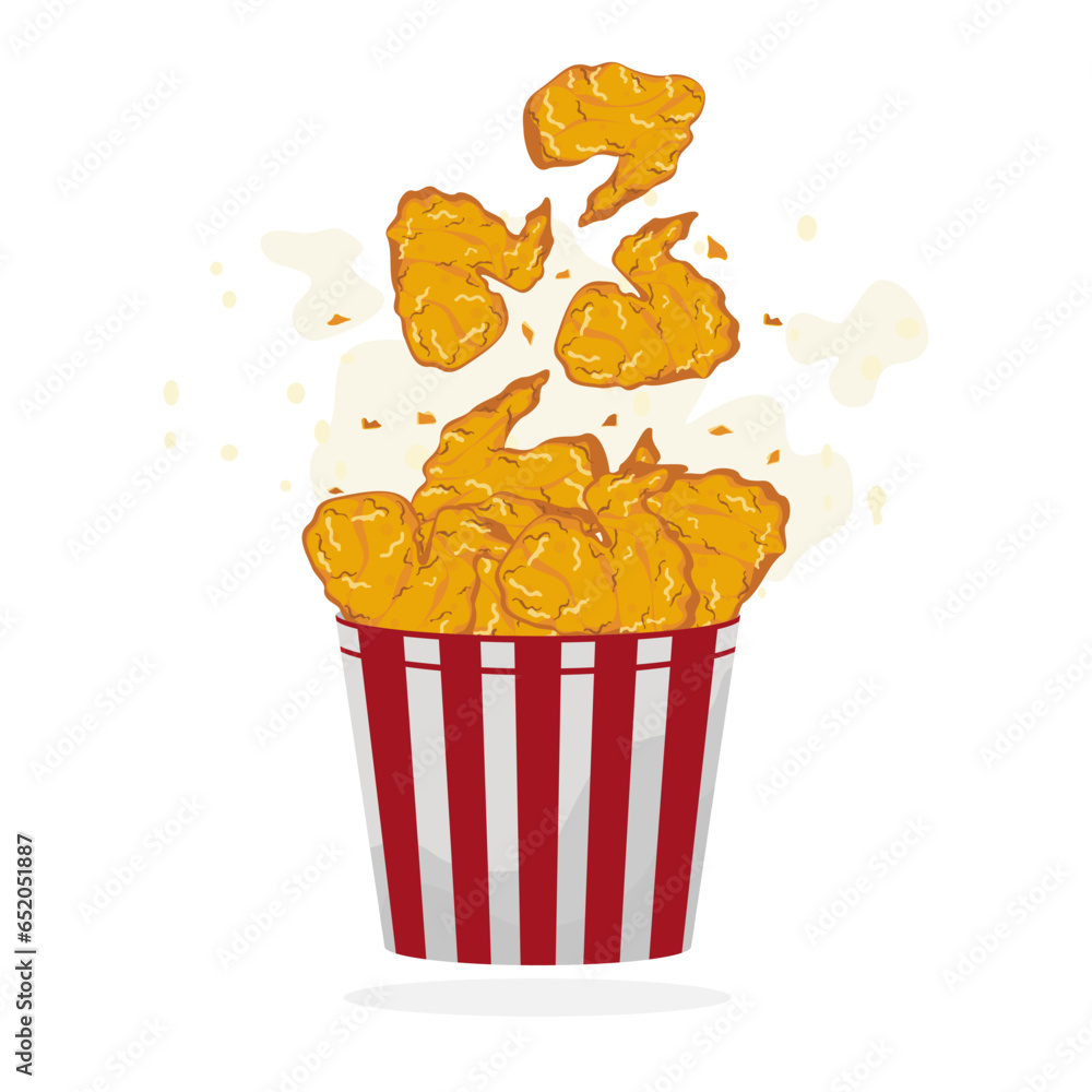 Cartoon set of crispy fried chicken splashing out of the bucket side ...