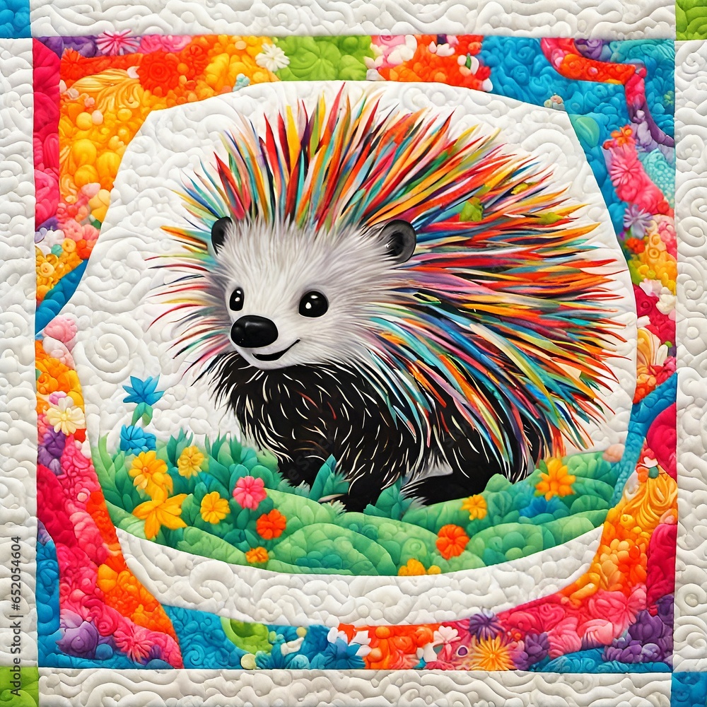 Cute baby porcupine whimsical quilt block with quilted border. Vibrant ...