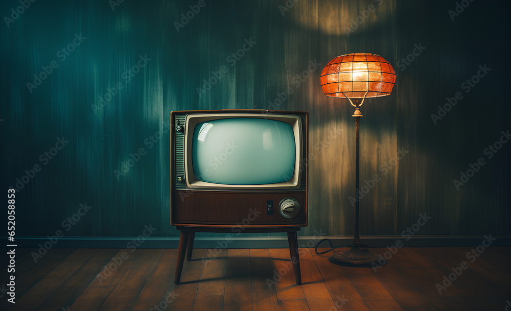 Old, retro tv in empty room at night with copy space Stock Illustration ...