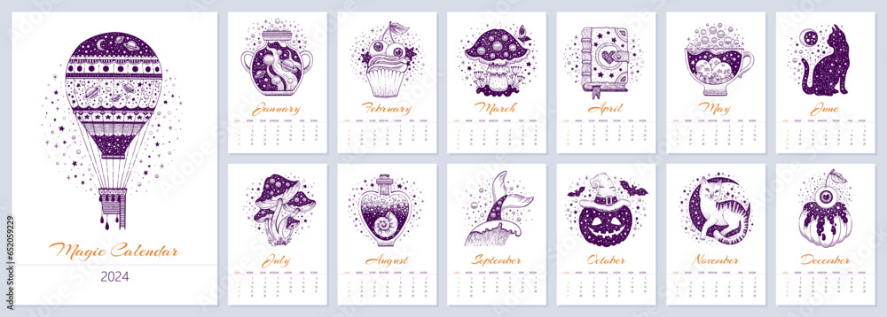 2024 moon calendar with vintage magic esoteric illustrations. Fantasy ...
