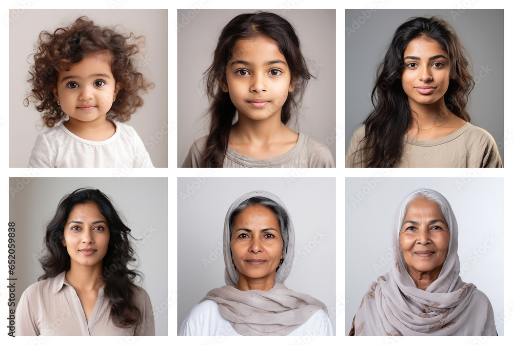 collage of south asian racial female portraits of different ages, made ...