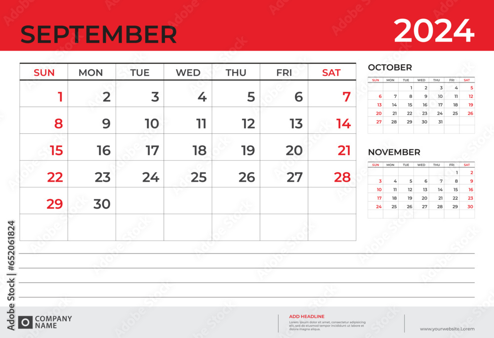 Desk Calendar 2024 design, September 2024 template, week start on ...