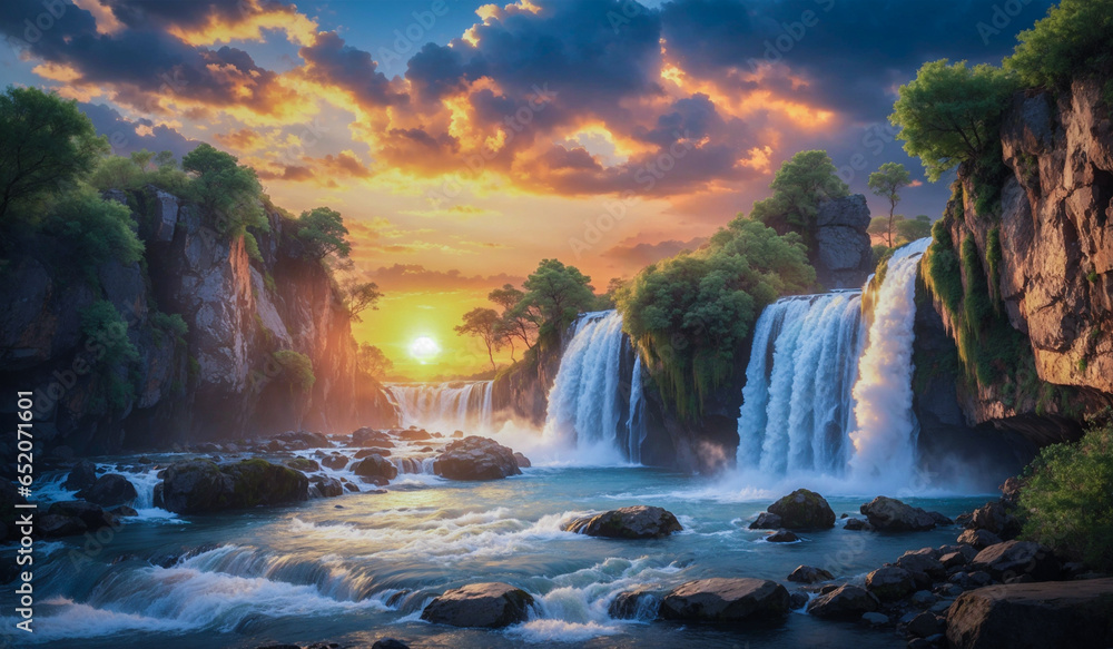 Nature Wallpaper Waterfall in the forest with sunset, nature, wallpaper ...