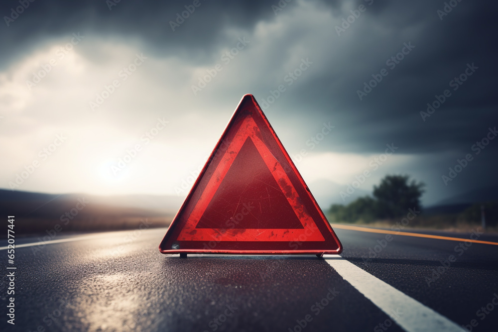 Red emergency stop sign, red triangle warning sign next to highway road ...