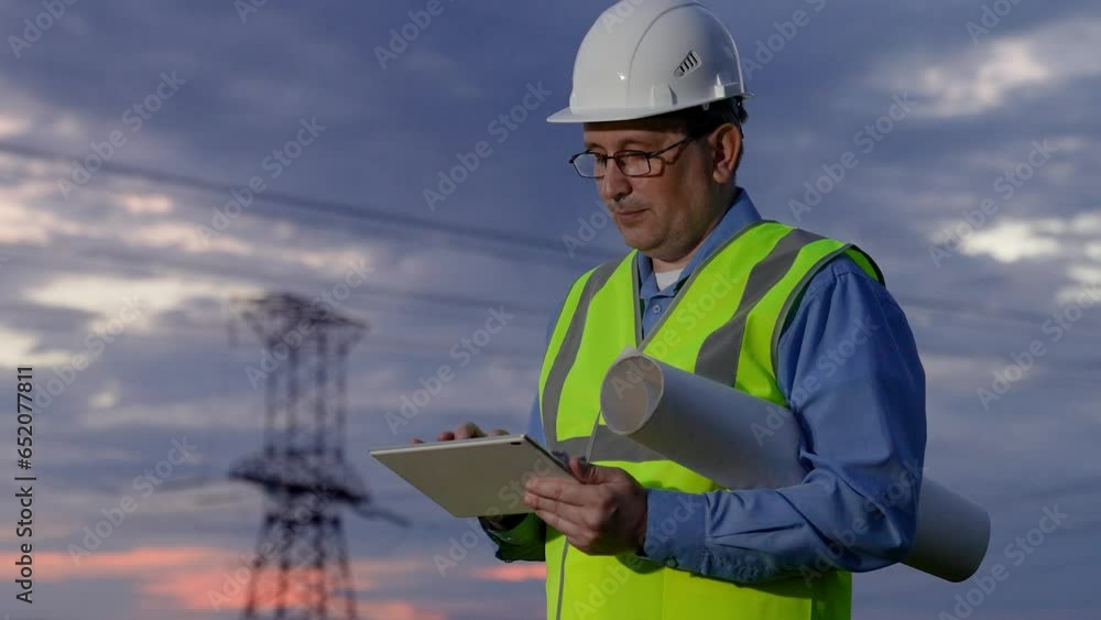 Power engineer builder in protective helmet on construction of power ...