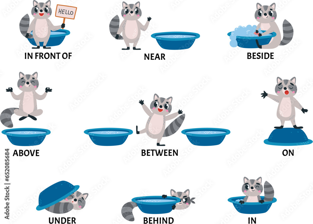 English prepositions poster with funny raccoon. Kids language education ...