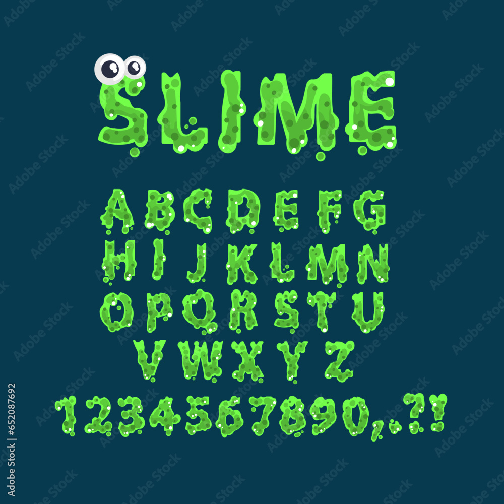 Slime alphabet. Green radioactive sliming text, sticky drip goo flow ...
