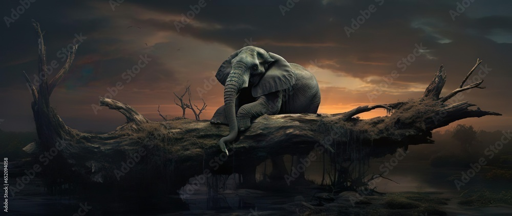 Lonely young bush elephant hiding behind a tree trunk in the National ...