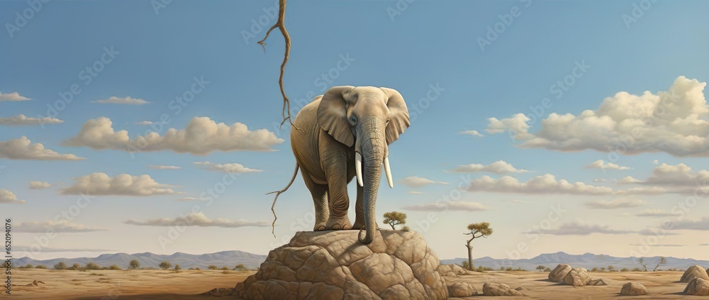 Lonely young bush elephant hiding behind a tree trunk in the National ...