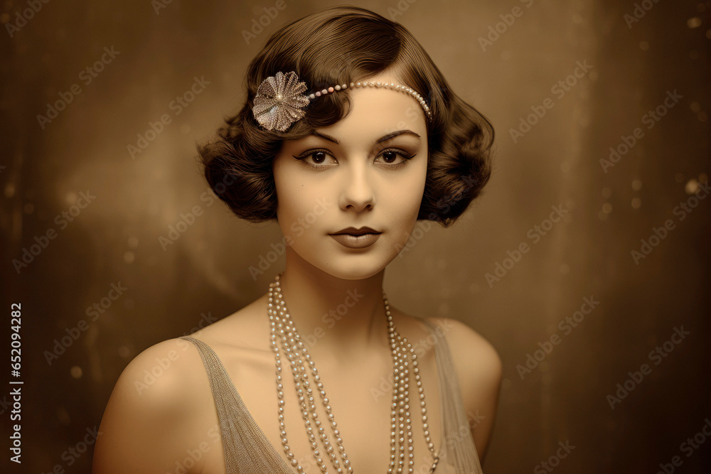 Elegance of the Roaring Twenties. Sepia-Toned Close-Up Portrait of a ...