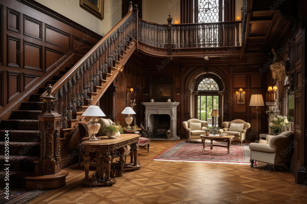Step into the opulent embrace of a grand Victorian era hallway, adorned ...