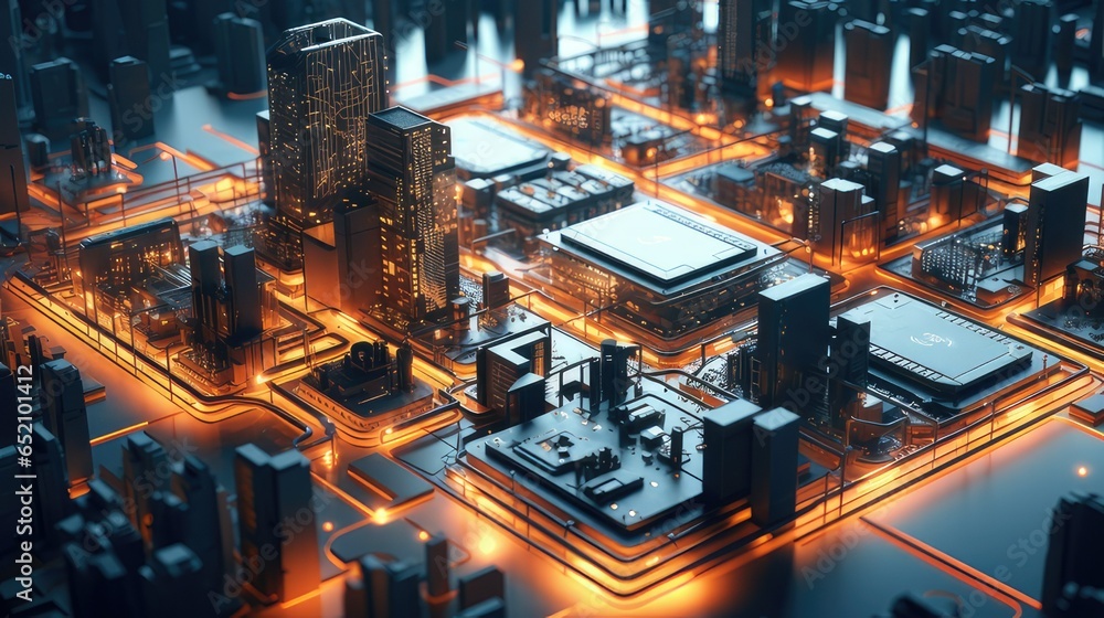 city made from computer chips and digital parts. concept to show ...