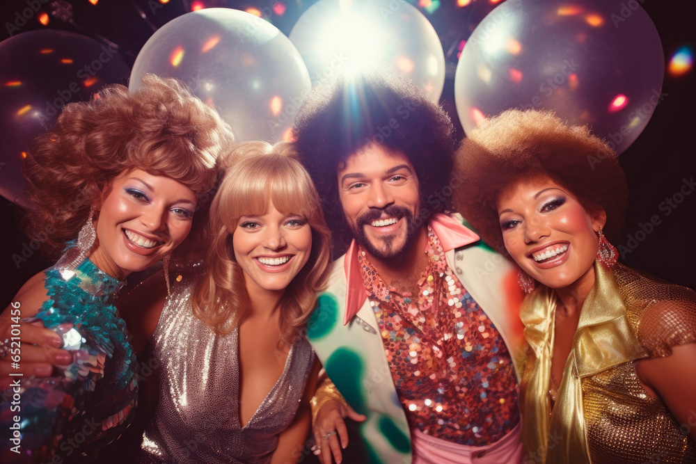 1970s Disco Dancing. A group of friends grooving to the funky beats at a discotheque, wearing ...