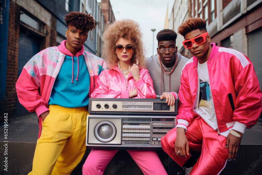 The 1980s Street Vibe: A Joyful Group Portrait of Friends Wearing Neon ...