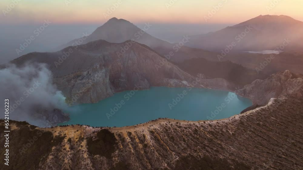 Ijen volcano crater in East Jawa, Indonesia, aerial view of volcanic ...