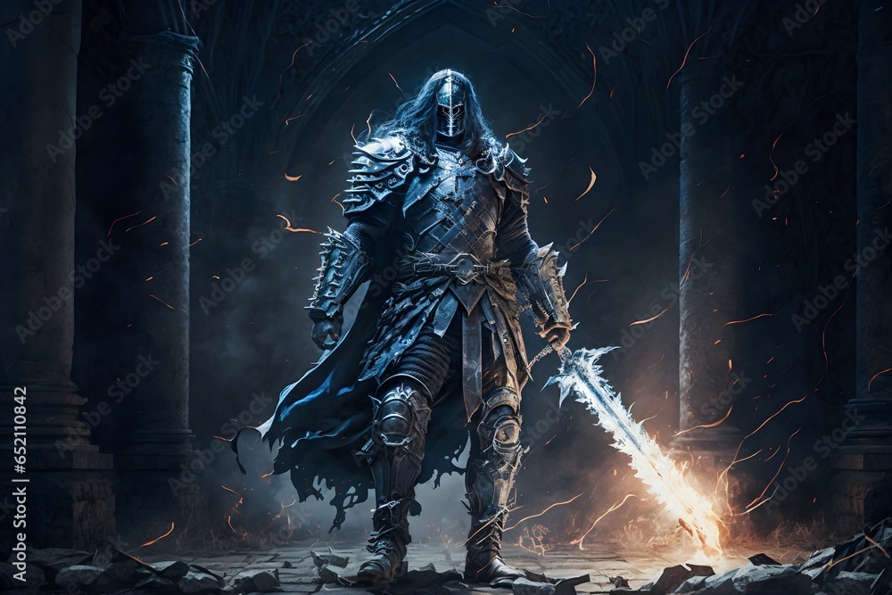 Full body shot Dark fantasy knight with long dark wavy hair Wielding ...