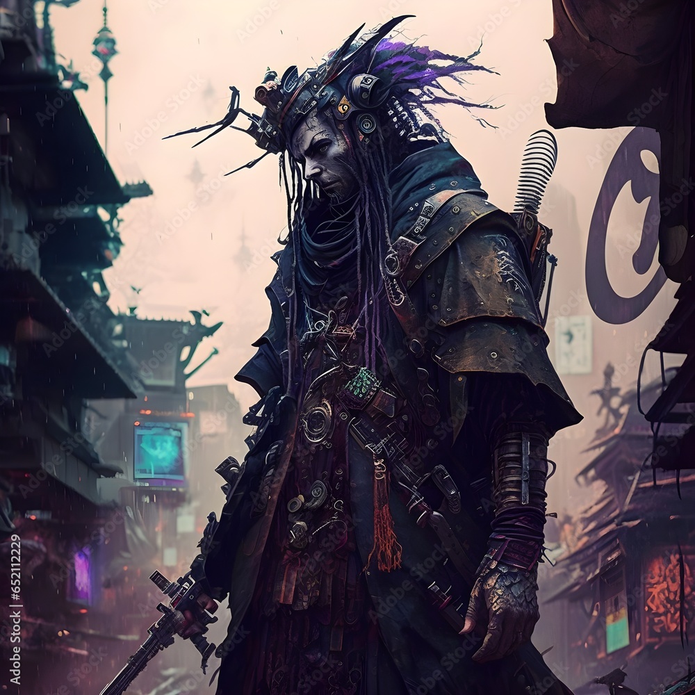 psychedelic samurai in steampunk outfit standing centered in a ...