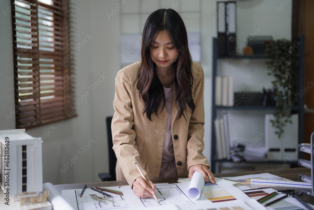 Female architect design architecture interior building project to ...