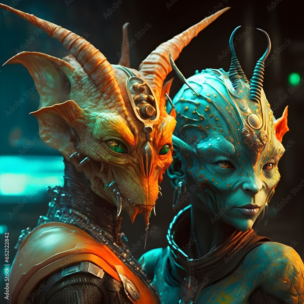 1 male alien and 1 female alien orange green eyes piercings horns claws ...