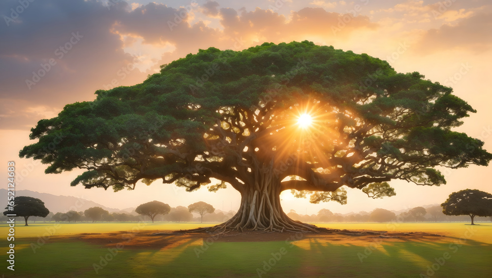 Big size natural banyan tree with the sunrise background. Image is ...