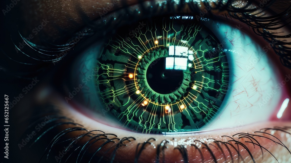 Futuristic eye with lasers and unique building implanted technology ...