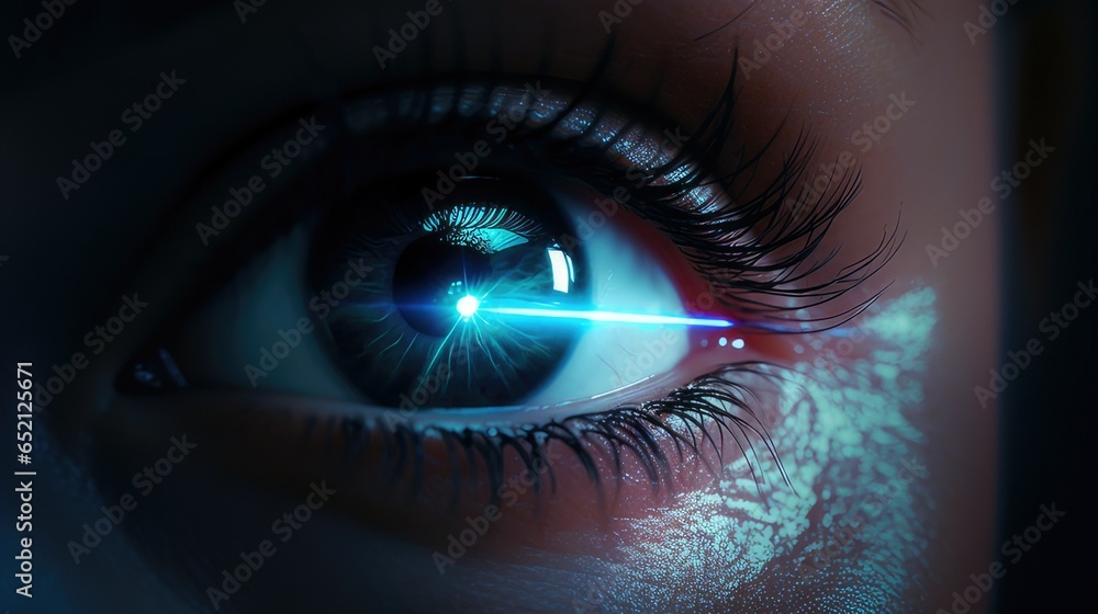 Futuristic eye with lasers and unique building implanted technology ...