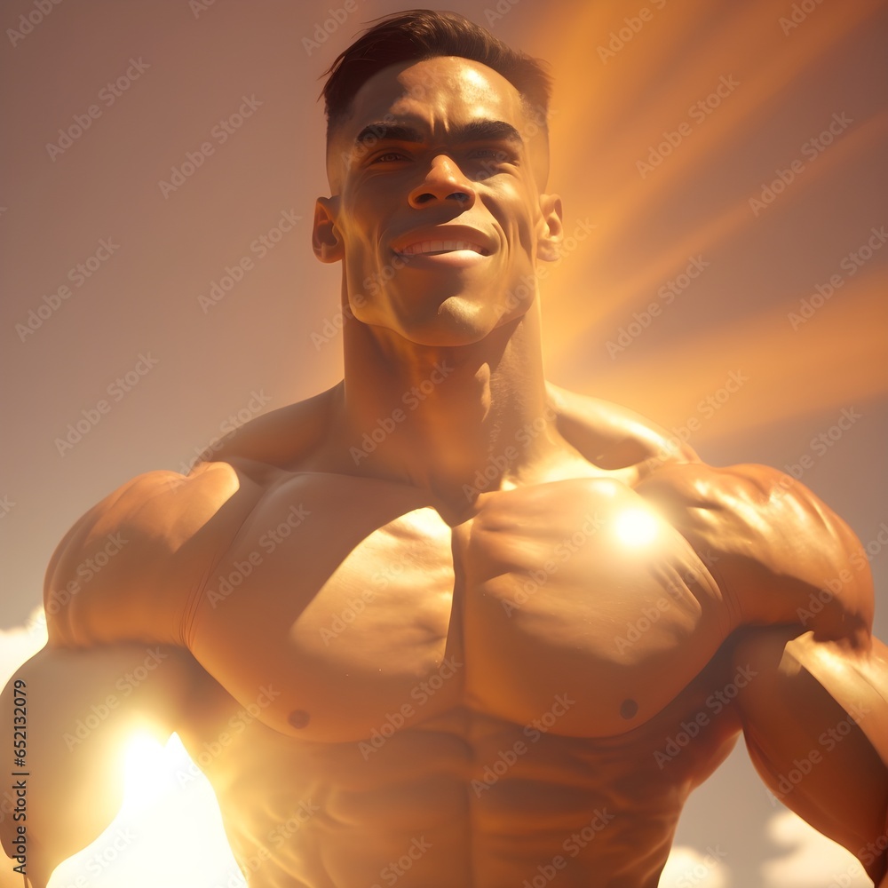 incredibly muscular young mixed race bodybuilder flexing in orange sun ...