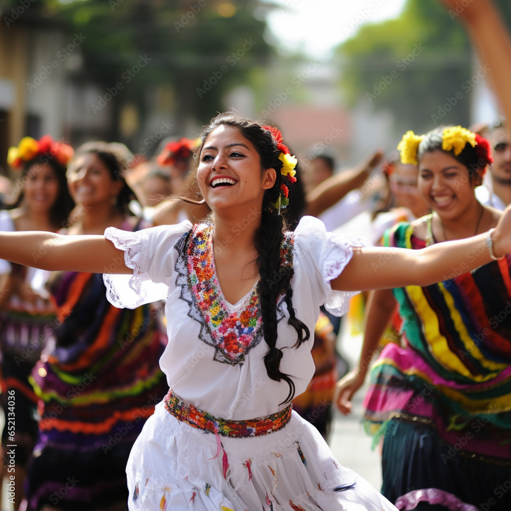 Young Mexican woman enjoys life, wears a typical Mexican dress, is at a ...