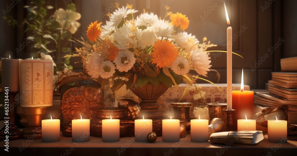 Sacred altar set for worship, adorned with lit candles, fresh flowers ...
