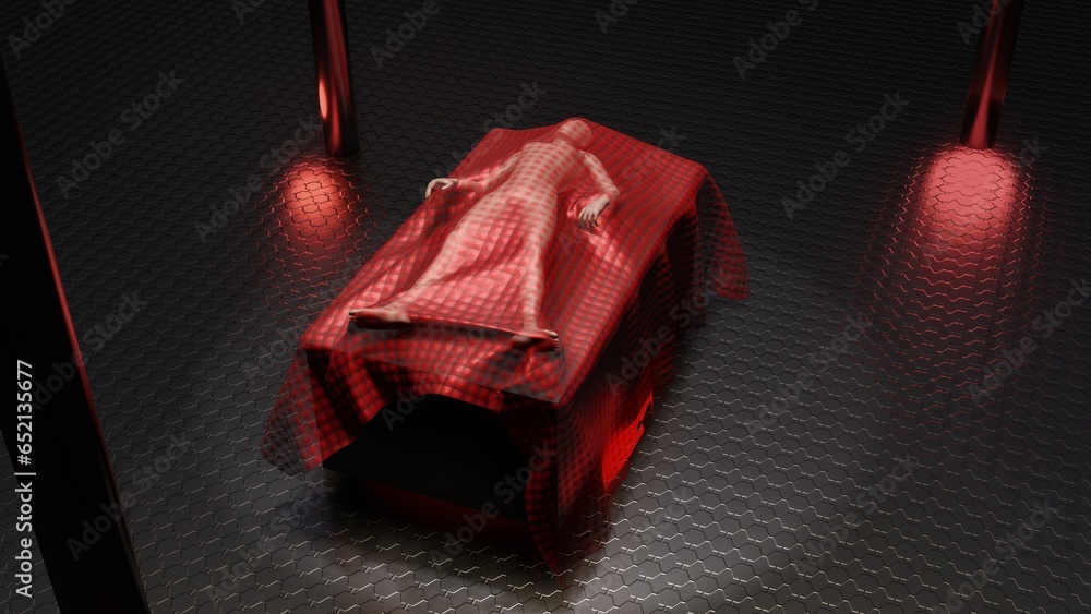 Human body on alien examination table. Man covered with sheet on medical platform. UFO abductee ...