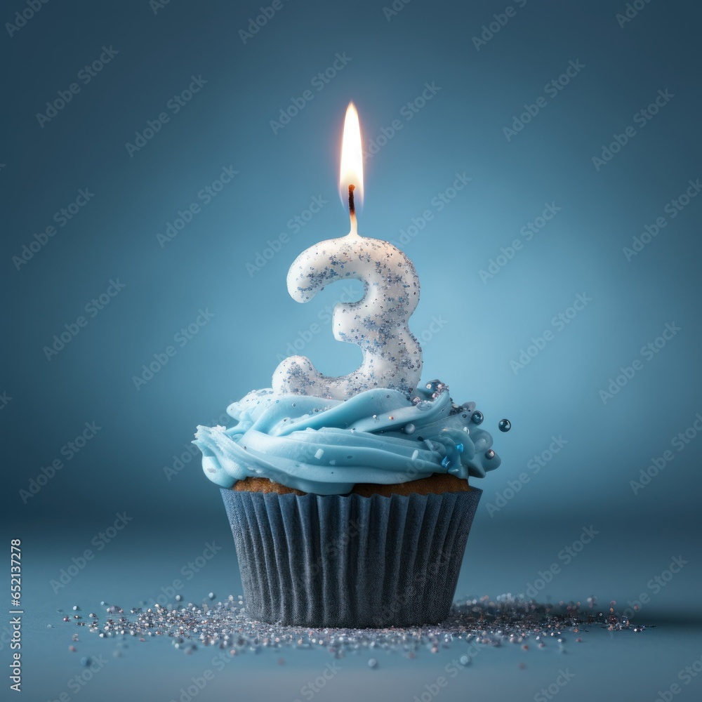 Birthday Cupcake With Number three, Candle cupcake with a candle in the ...