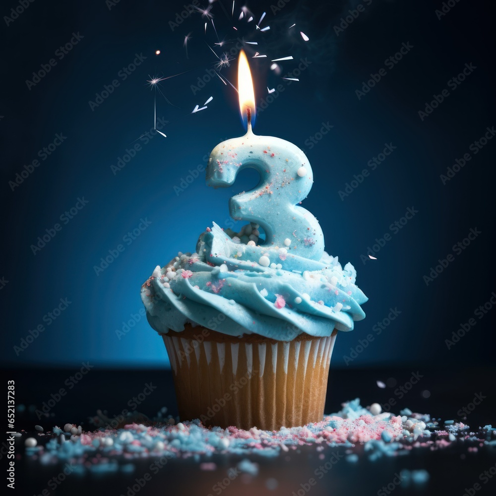 Birthday Cupcake With Number three, Candle cupcake with a candle in the ...